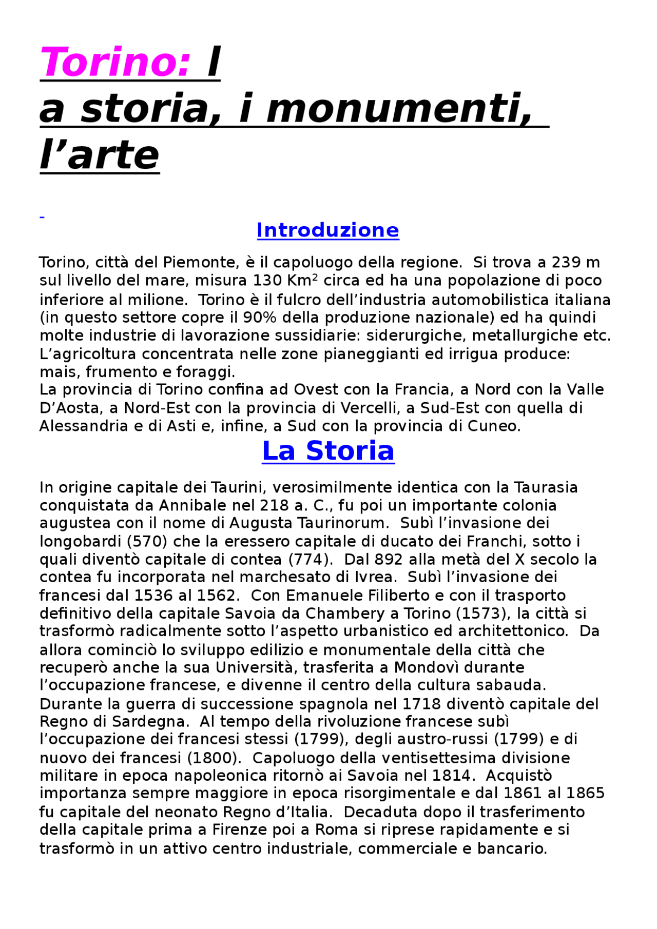 Informazioni sul capoluogo Torino - Docsity