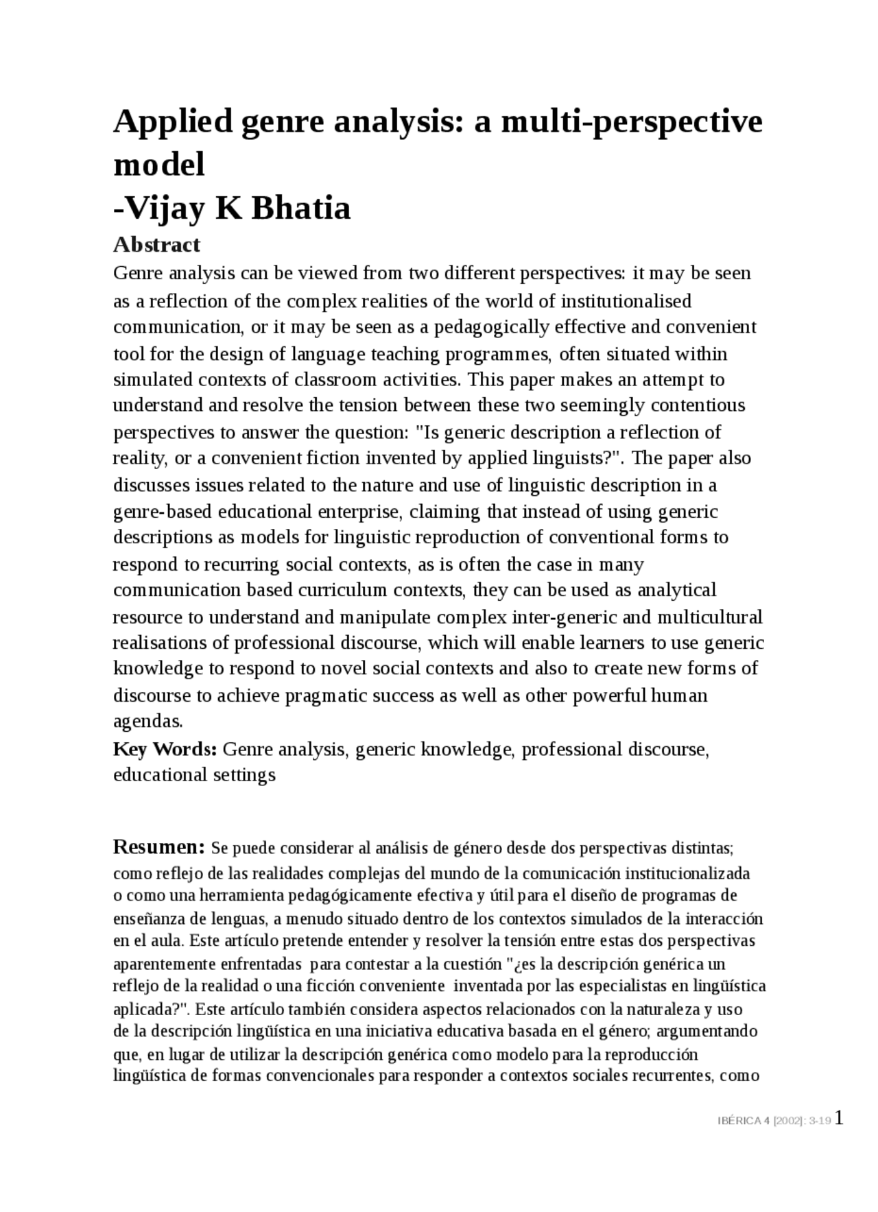 Applied Genre Analysis Bhatia Vijay Docsity