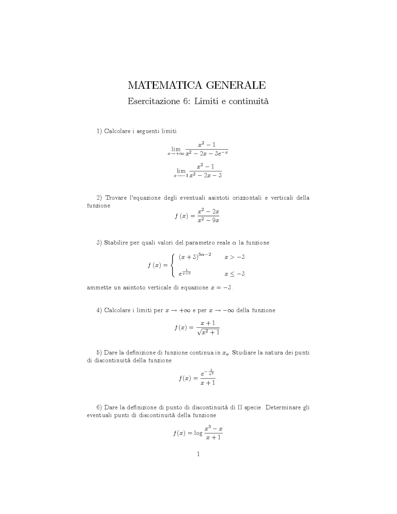 Esercitazione 6 Per Esame Matematica Generale Docsity