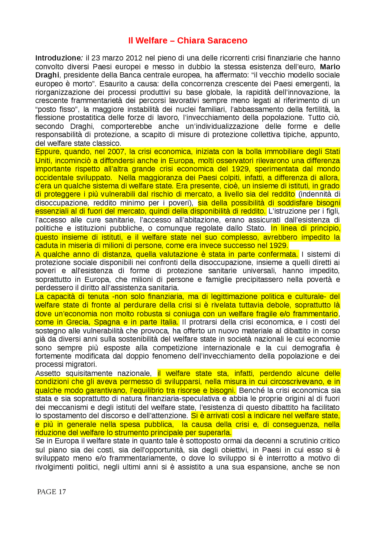 Il Welfare Di Chiara Saraceno Docsity