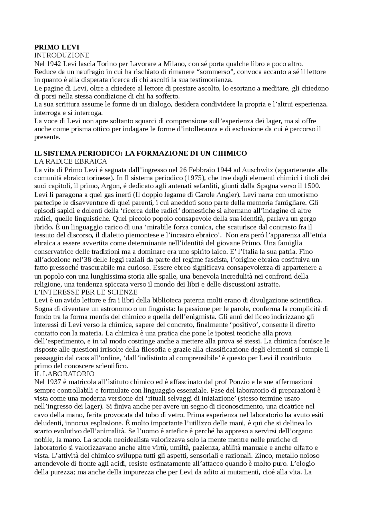 Riassunto Primo Levi, Mario Porro | Prove d'esame di Letteratura ...