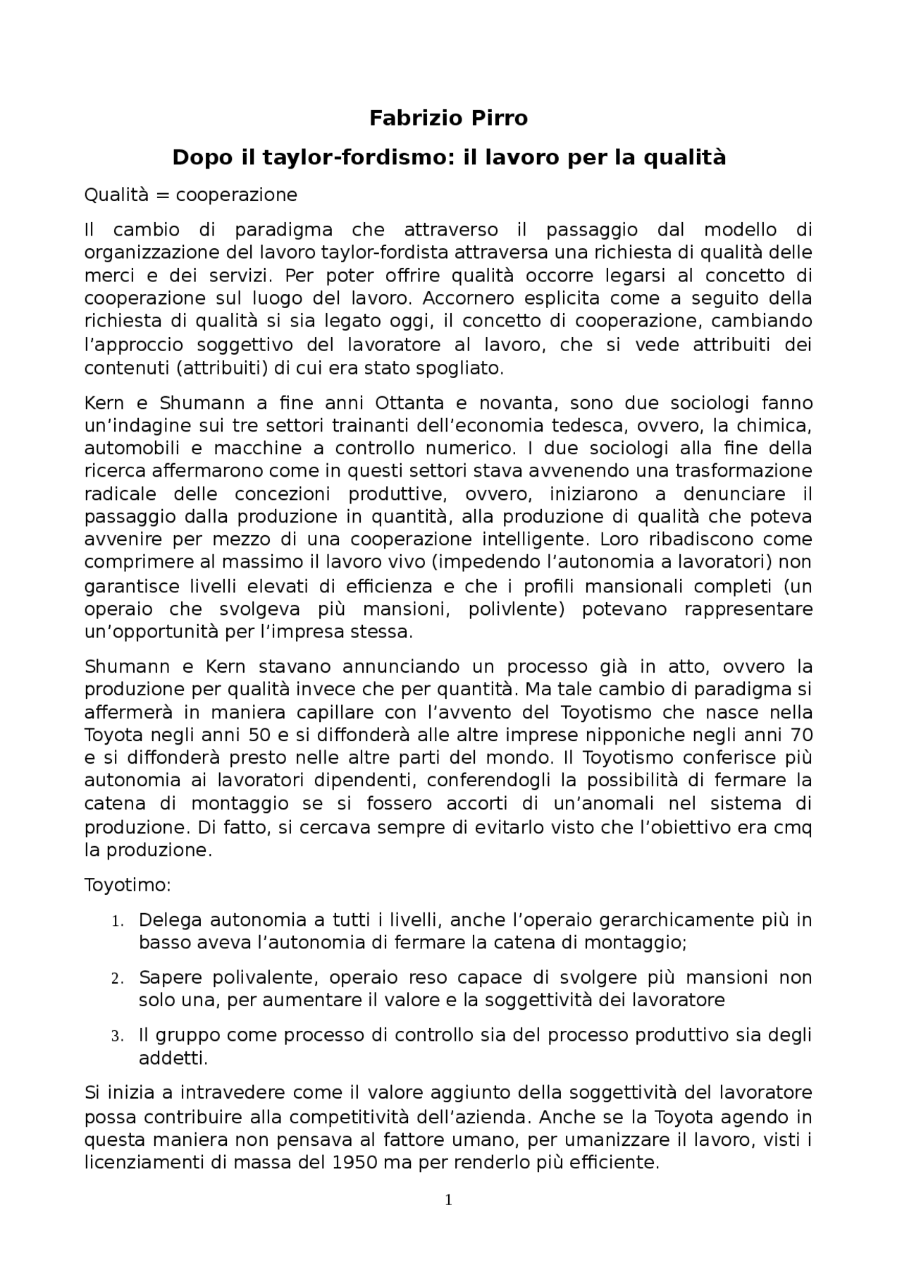 Saggio di F. Pirro "Dopo il taylor-fordismo: il lavoro per la qualità ...