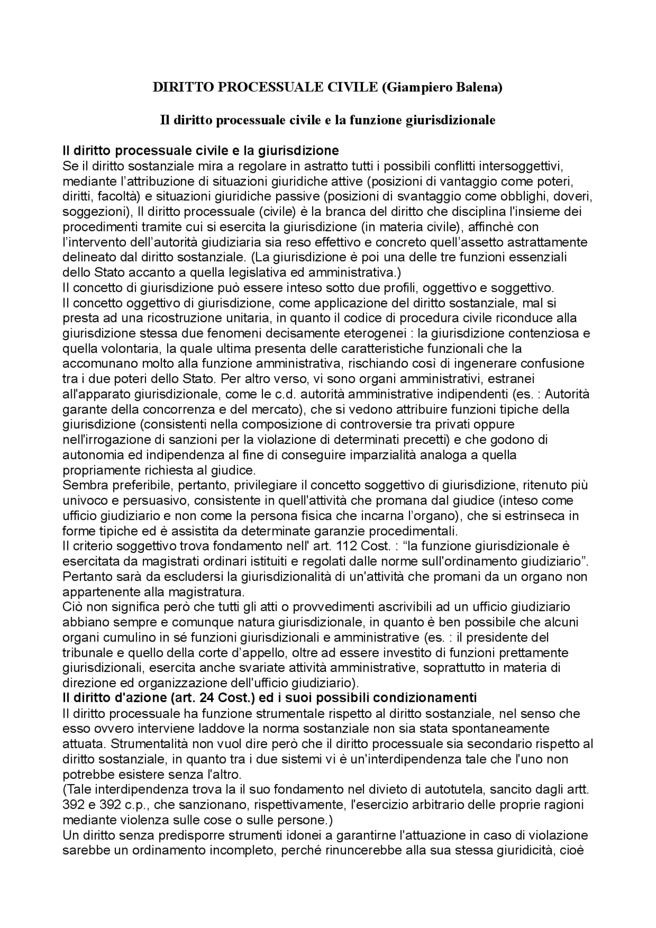 Riassunto Diritto Processuale Civile Balena Volume I Ultima Edizione