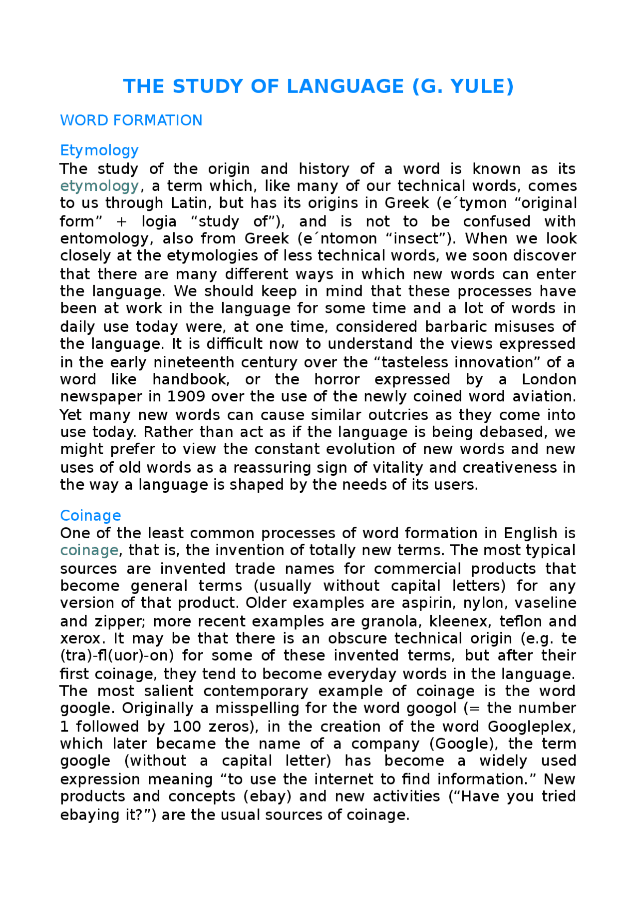 Yule- word formation-morphology | Prove d'esame di Lingua Inglese | Docsity