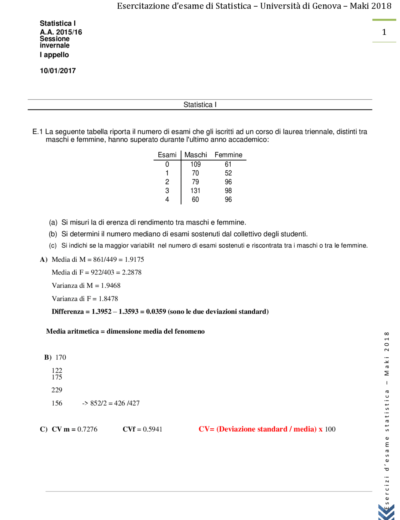 Esercizi di Statistica descrittiva e Probabilità | Prove d'esame di Statistica | Docsity