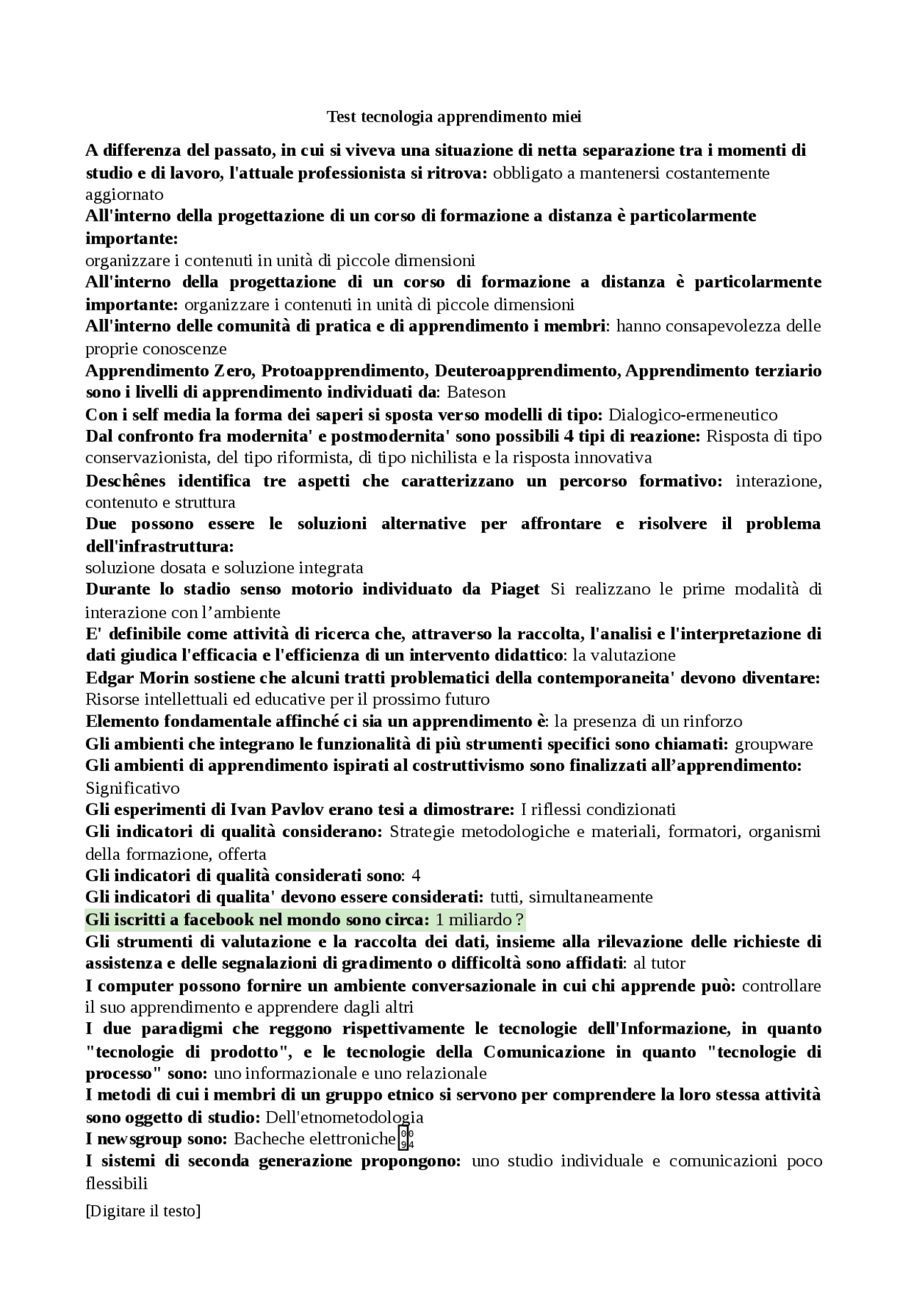 Test Tecnologia Dellistruzione E Dell Apprendimento 6 Cfu Docsity