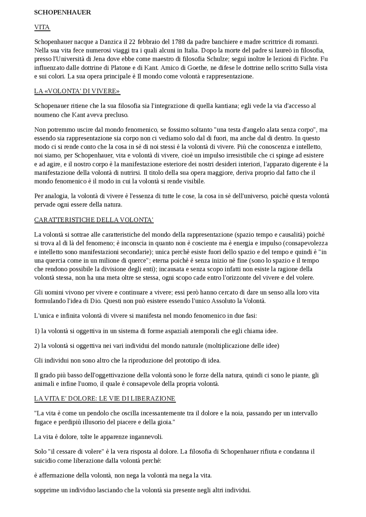 Schopenhauer Vita Opere E Pensiero Filosofico Docsity