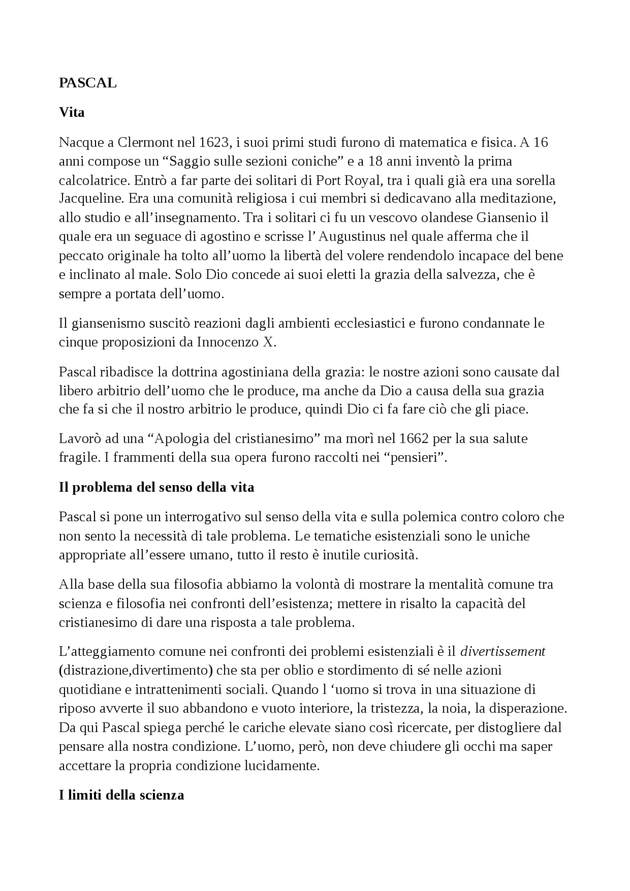 Pascal Vita Opere E Pensiero Filosofico Appunti Di Filosofia Docsity