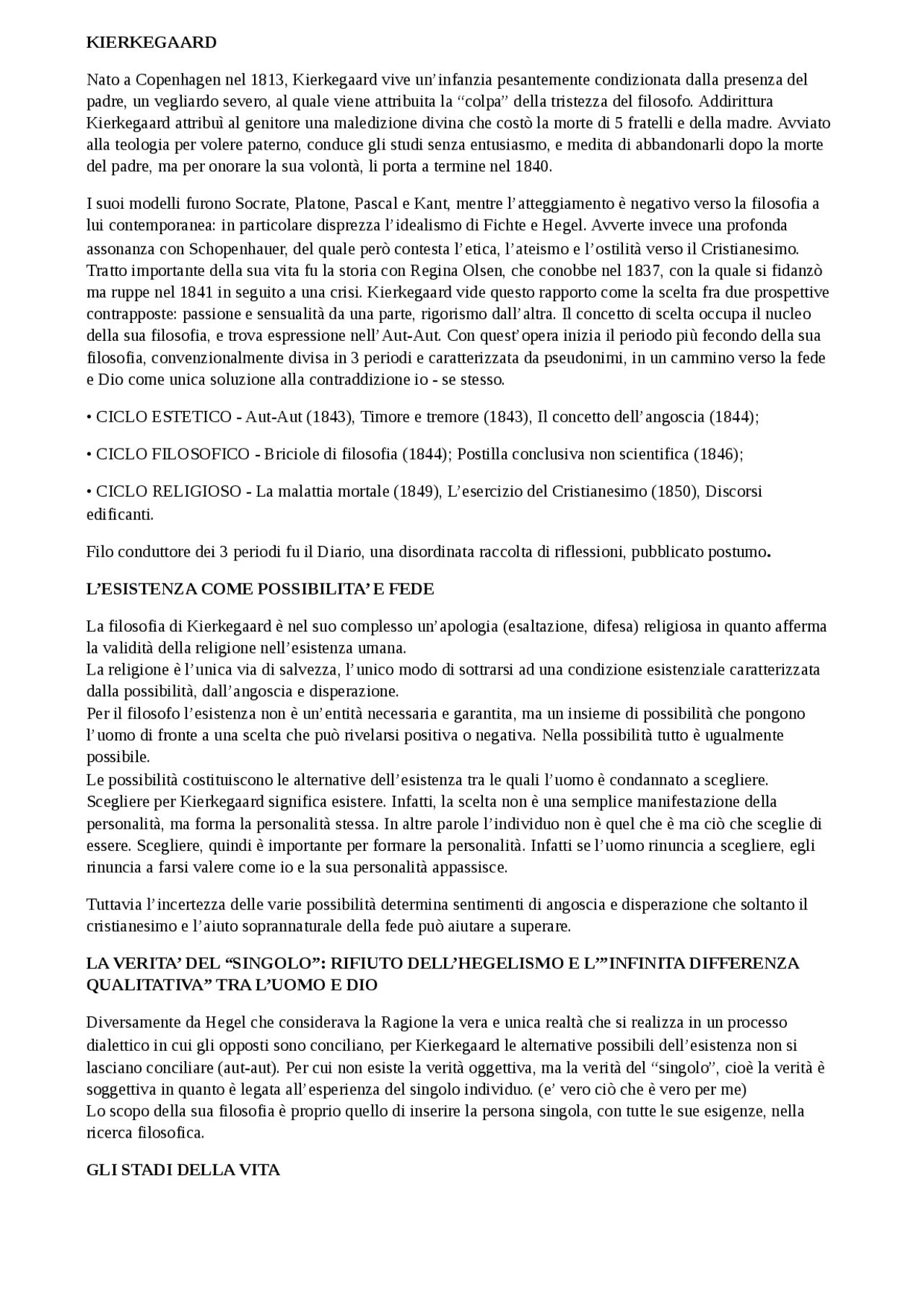 Kierkegaard Vita Opere E Pensiero Filosofico Docsity