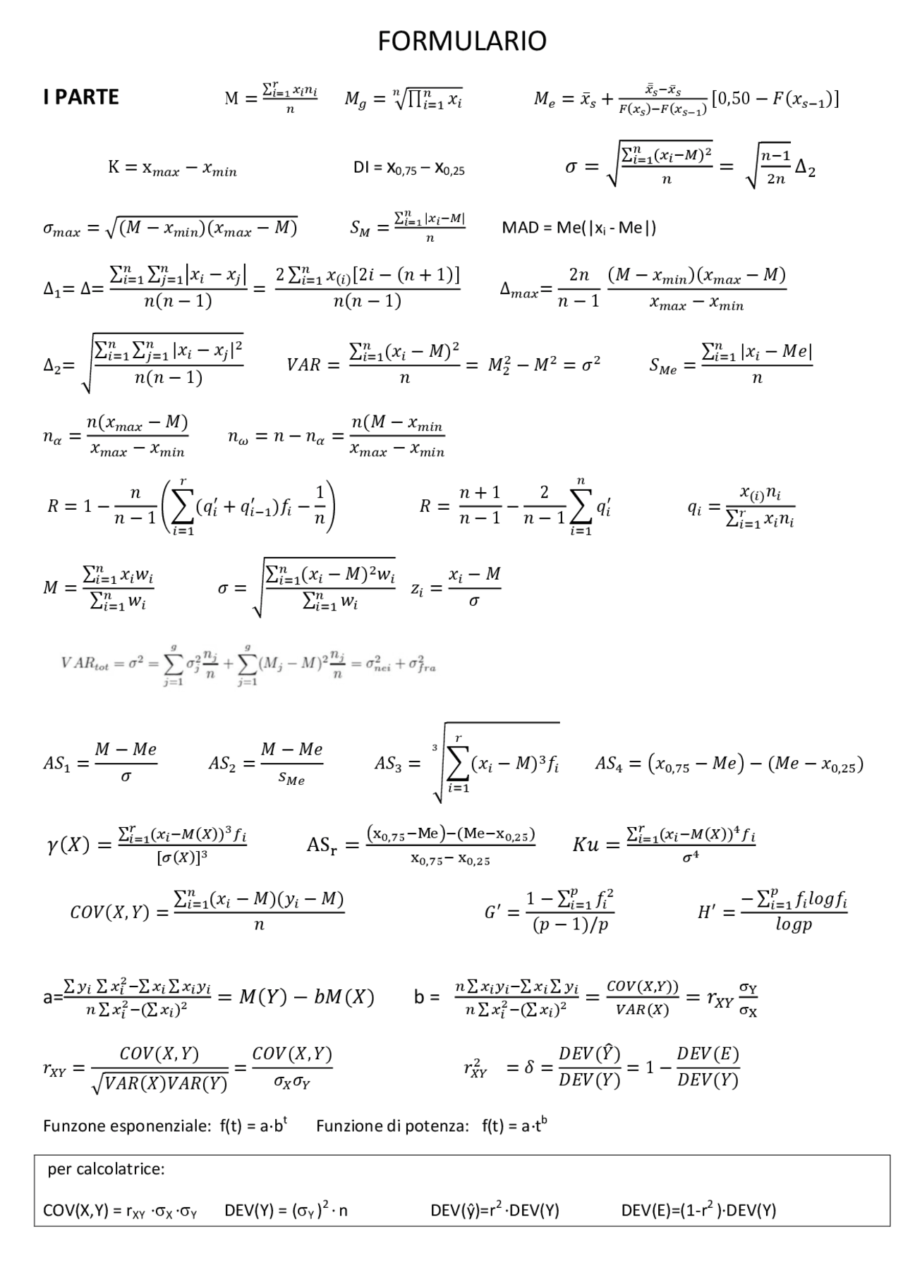 Formulario statistica | Formulari di Statistica - Docsity