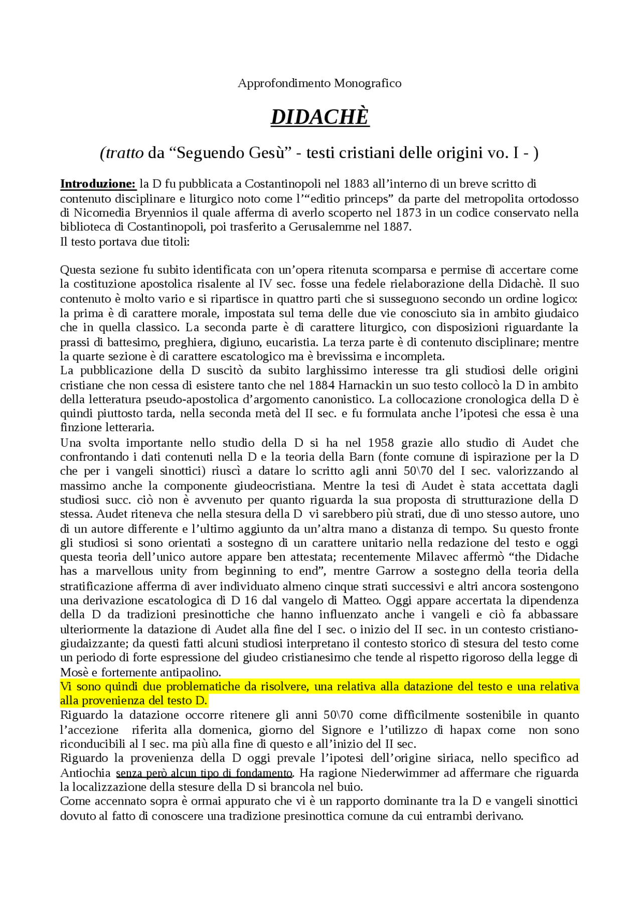 Riassunto Didachè Con Commento Docsity