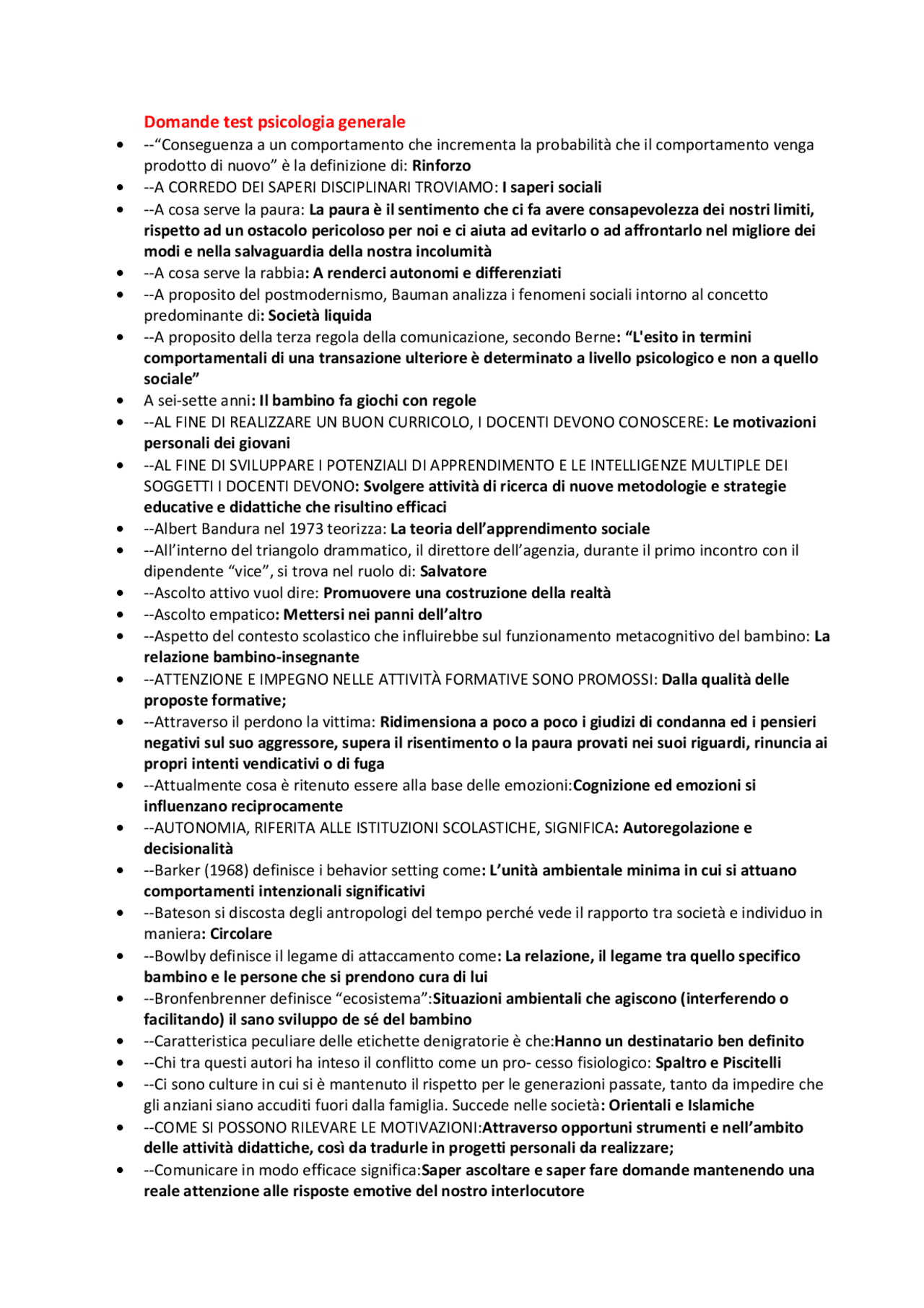 Domande Di Psicologia Generale Prove Desame Di Psicologia Generale