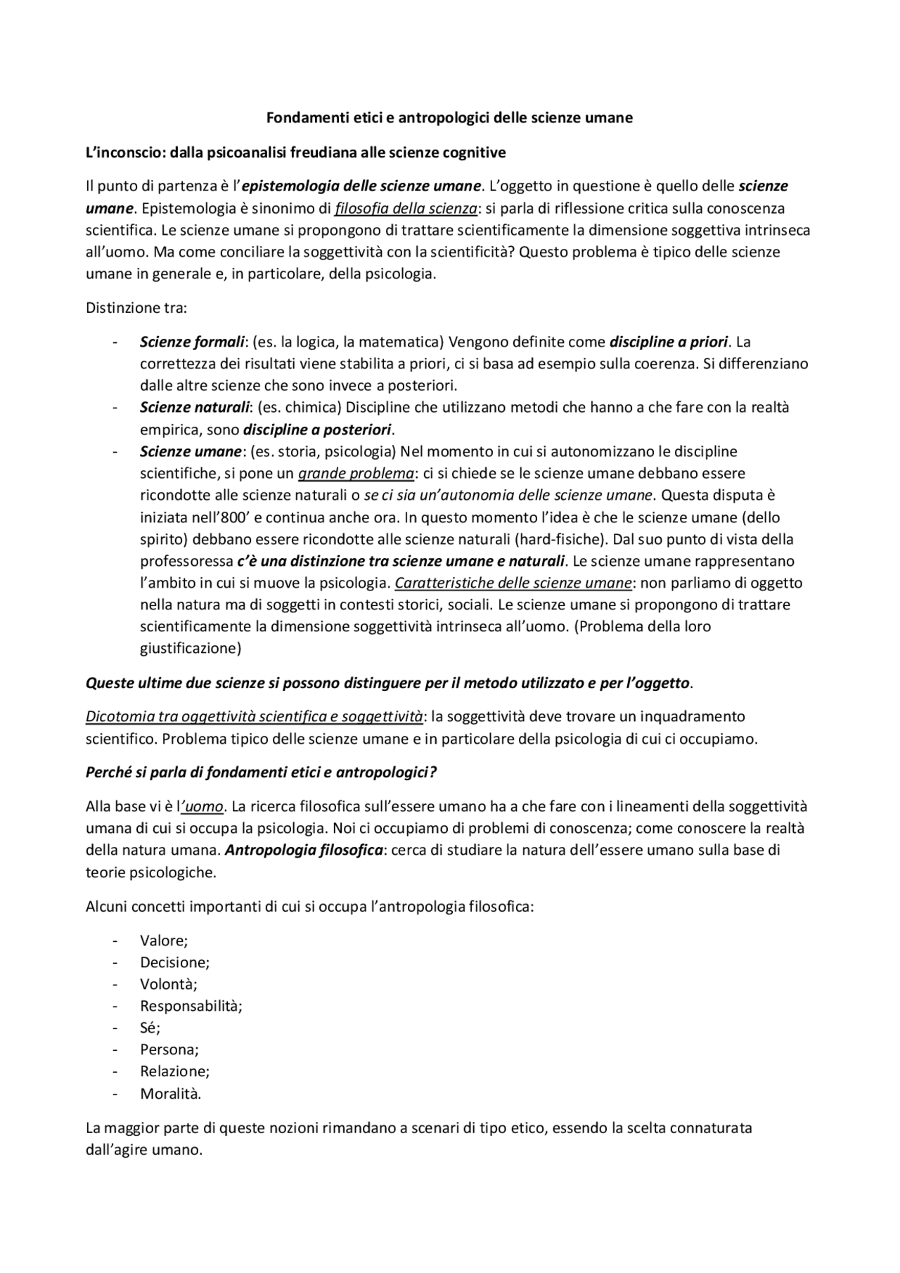 Fondamenti Etici E Antropologici Delle Scienze Umane Docsity
