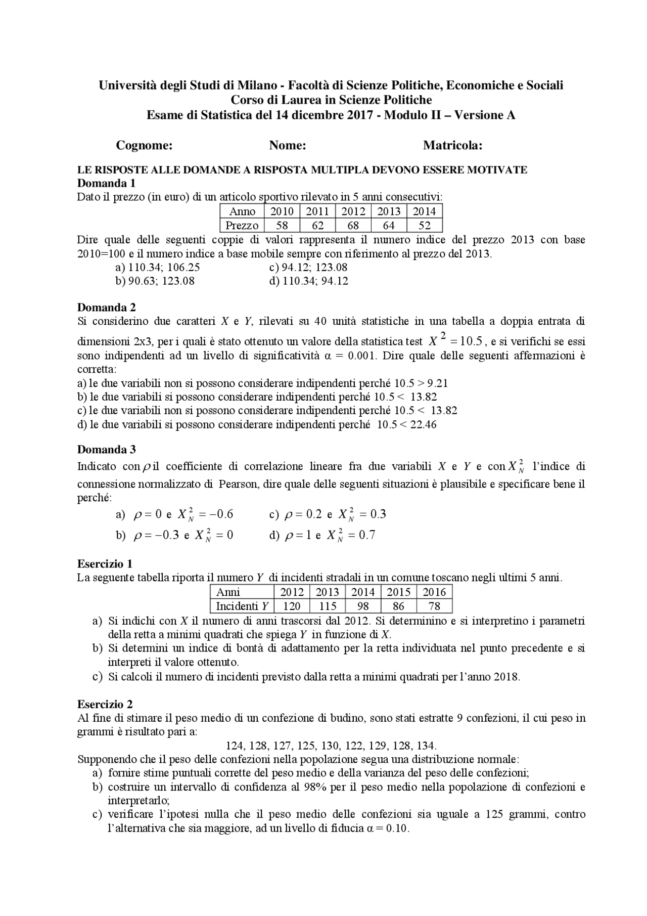 Esame Statistica Prof De Battisti Unimi Docsity