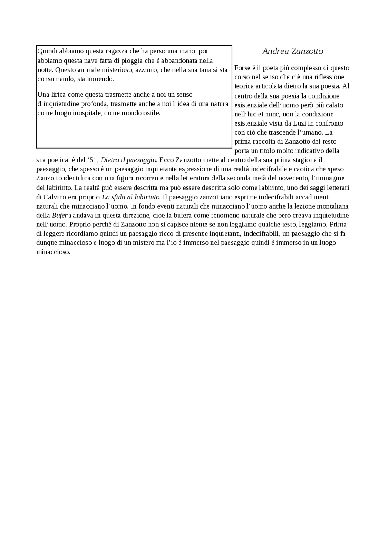 La Poesia Di Andrea Zanzotto Docsity