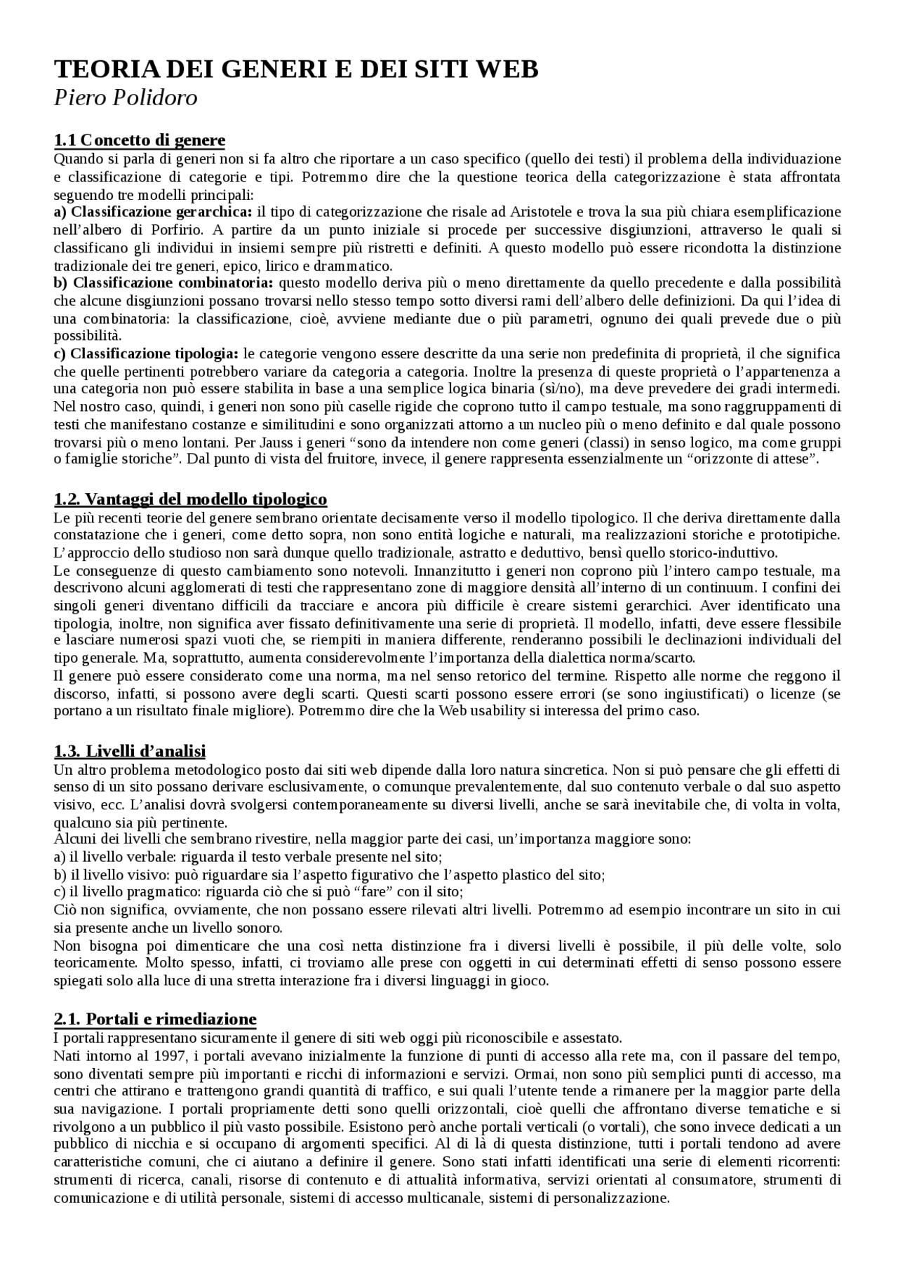 Teoria Dei Generi E Dei Siti Web Docsity