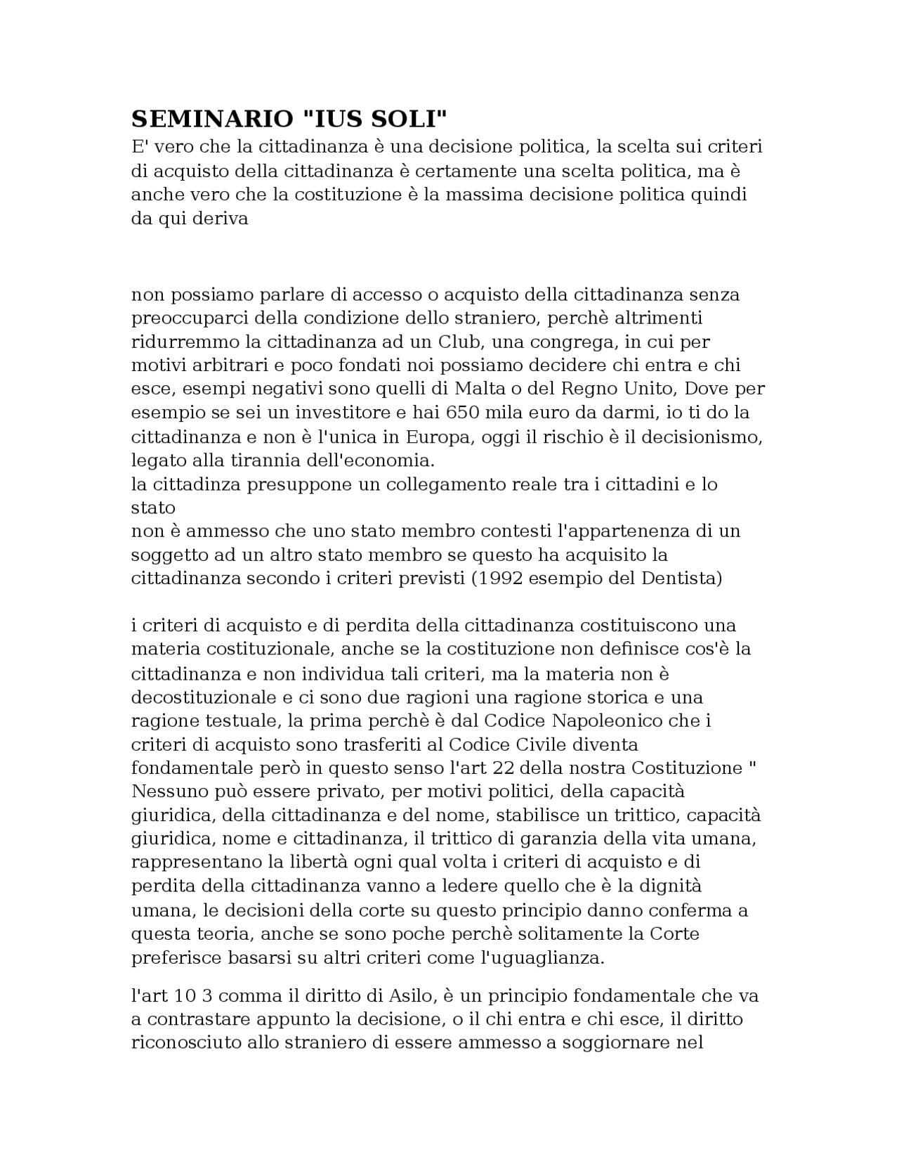 Spiegazione Ius Soli Docsity