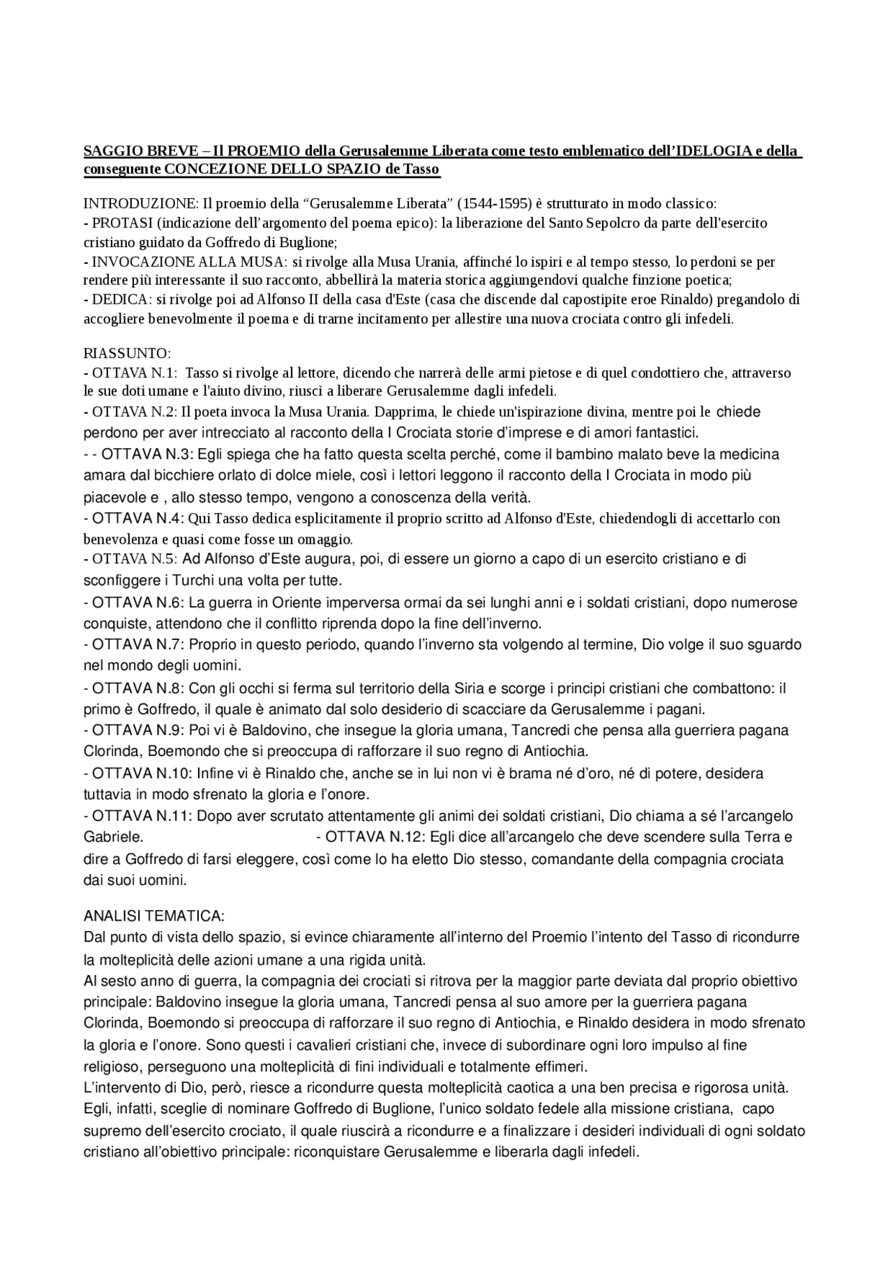 Proemio Della Gerusalemme Liberata Tasso Docsity