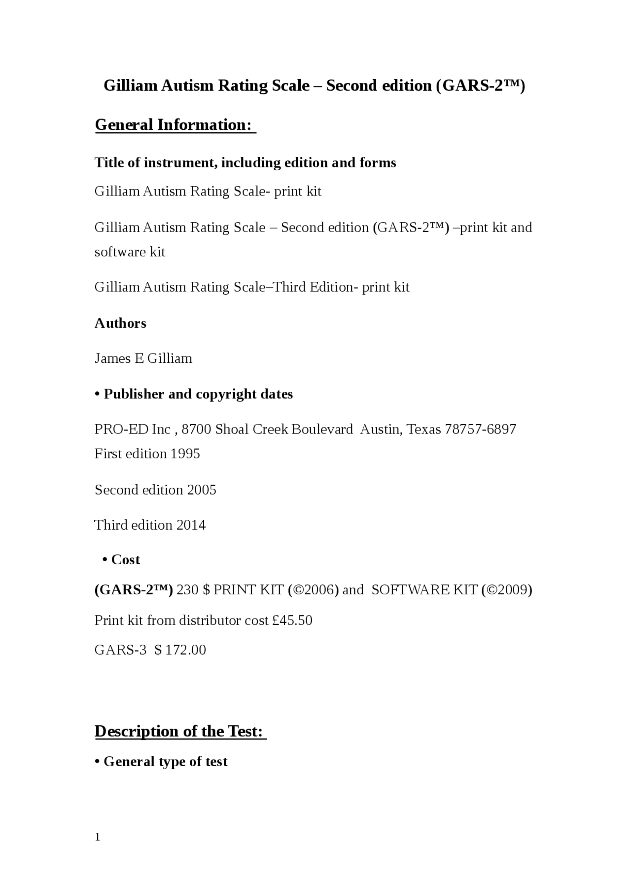 Gilliam autism rating scale - Docsity