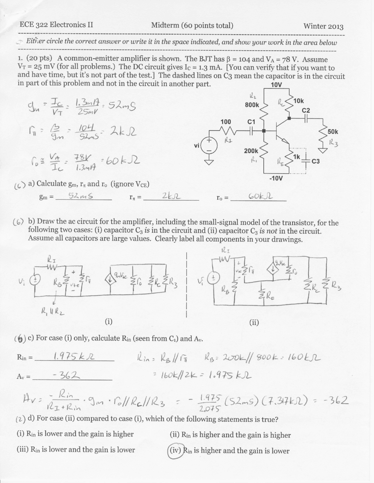 Midterm Exam With Solutions Electronics Ii Ece 322 Docsity