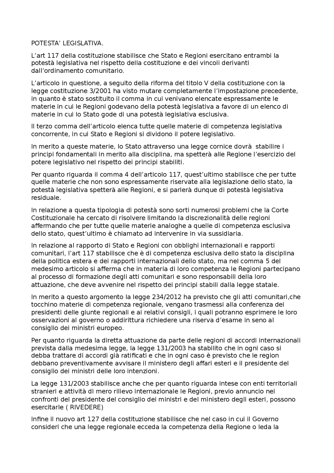 POTESTA' LEGISLATIVA REGIONI - Docsity