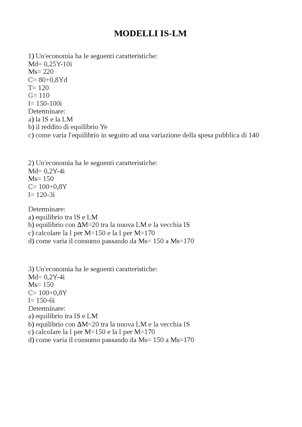 Esercizi Modelli Is Lm Macroeconomia Docsity