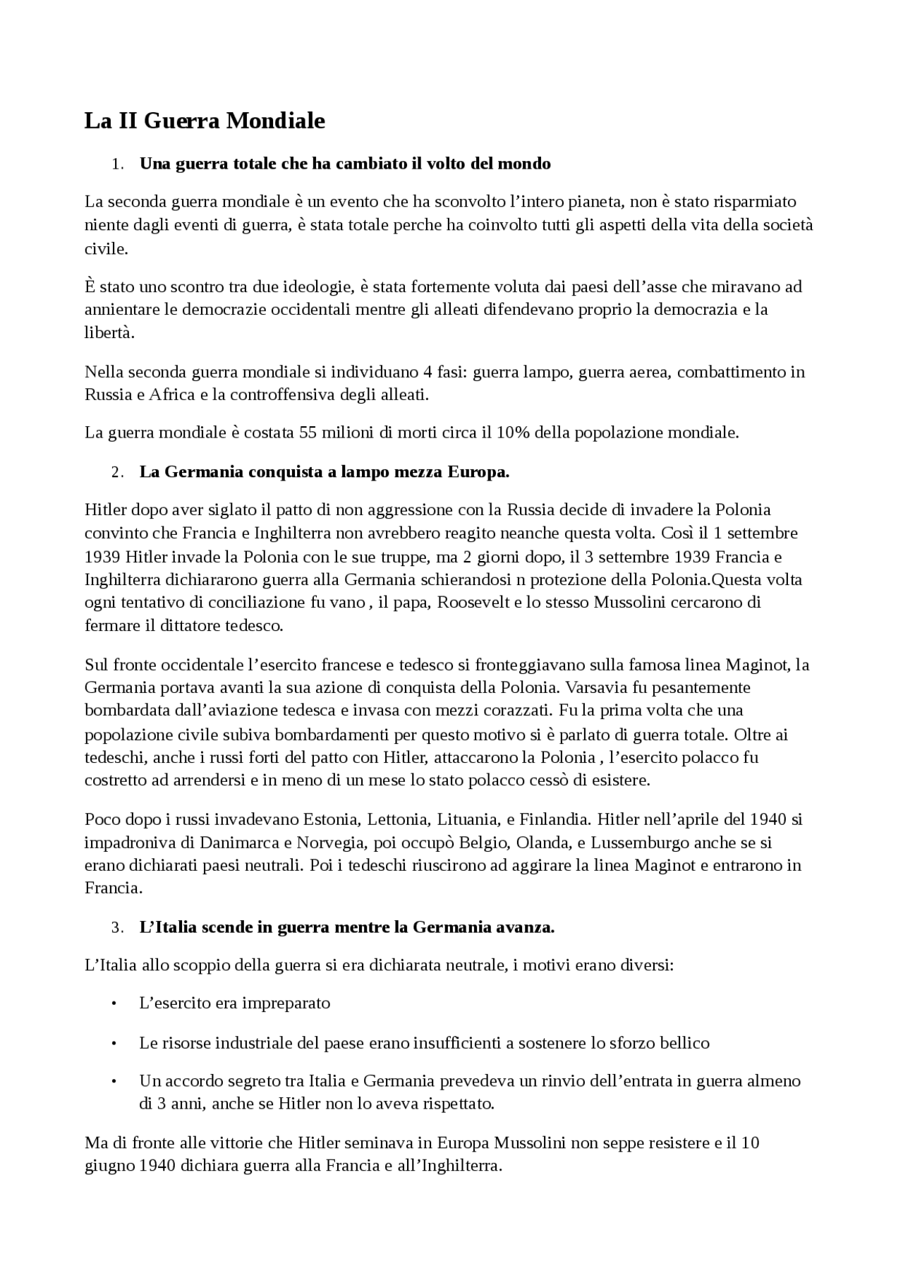 Riassunti Scuola Media Seconda Guerra Mondiale Docsity