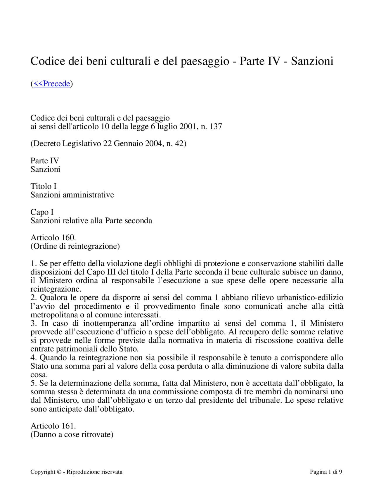 Codice Dei Beni Culturali Parte Iv Docsity
