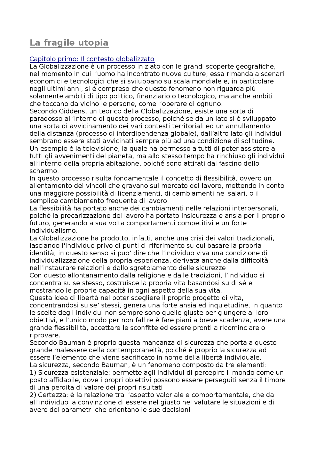 Riassunto La Fragile Utopia Docsity