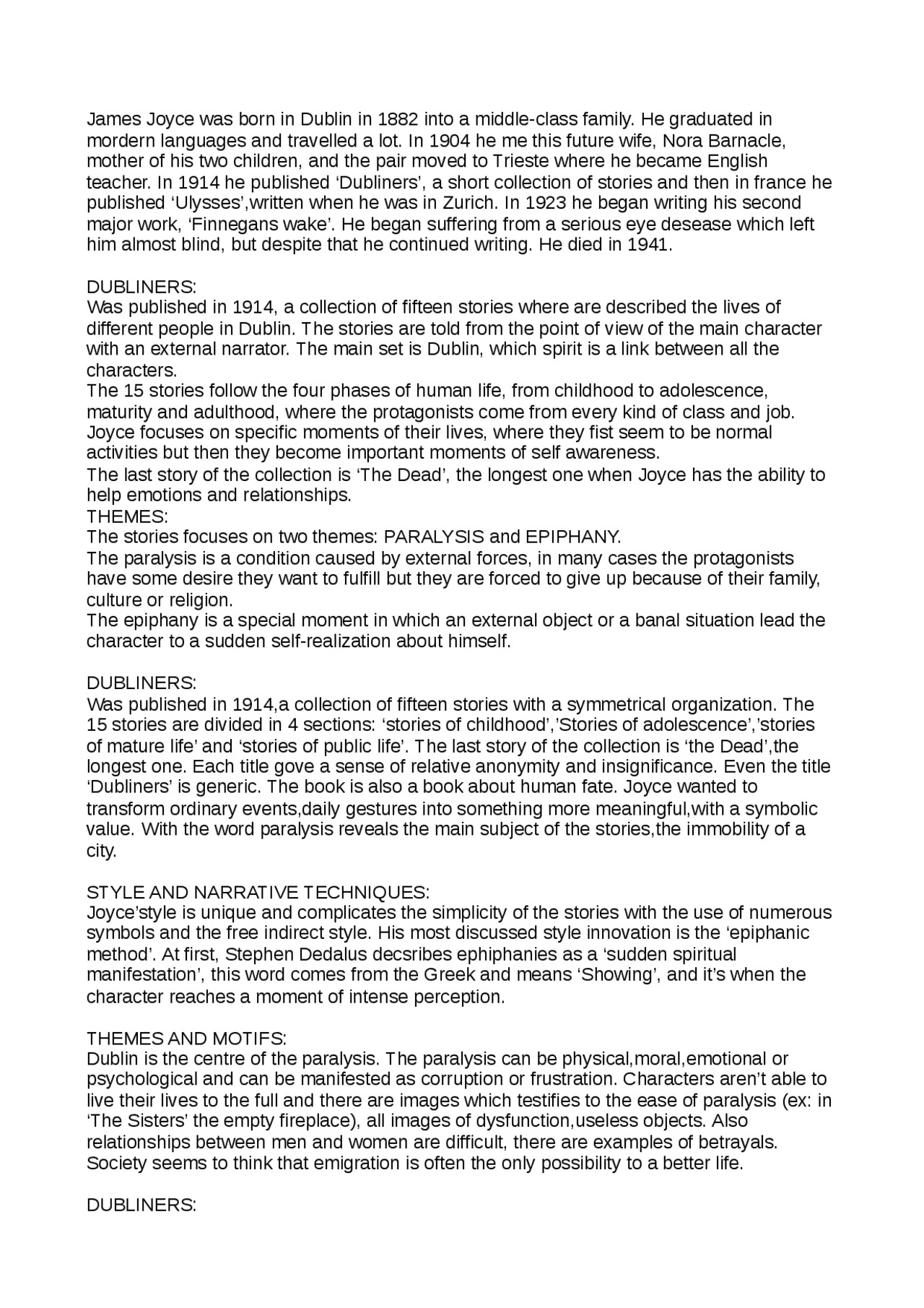 James Joyce,dubliners e the dead - Docsity