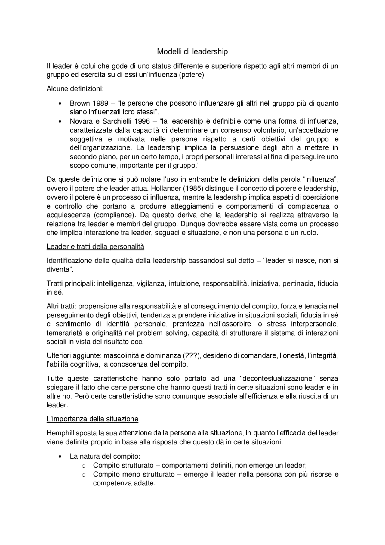 Modelli di leadership - riassunto | Sintesi del corso di Leadership e ...