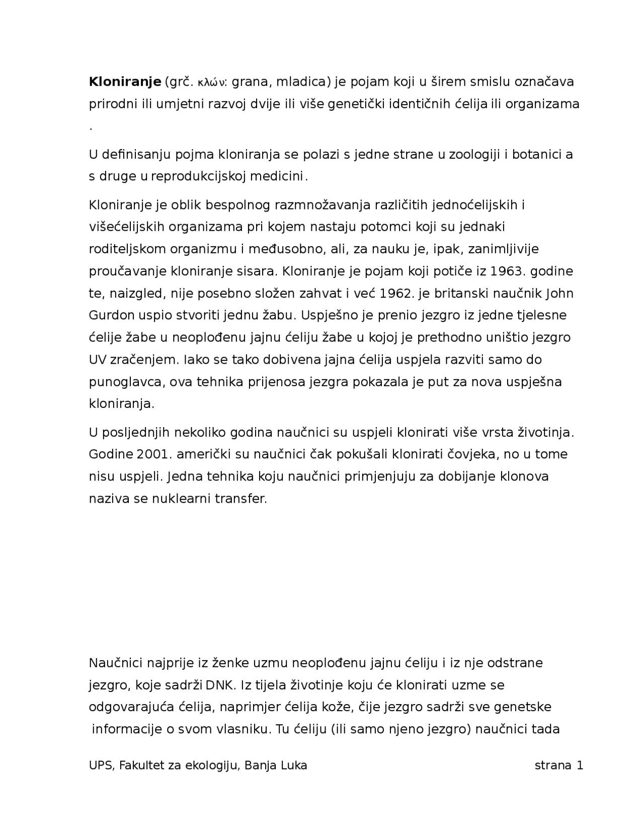 Kloniranje Biologija Sem Rad Rezime Predlog Biologija Docsity