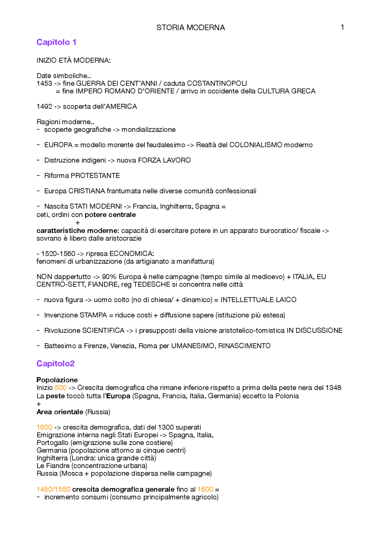 Storia Moderna Schema Riassunto Docsity