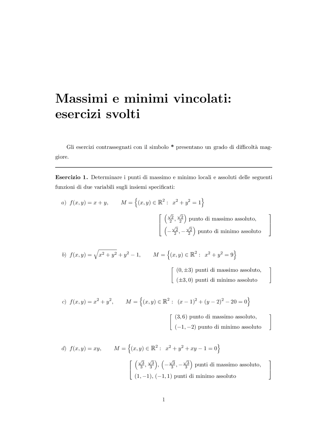 Esercizi Su Massimi E Minimi Vincolati Docsity