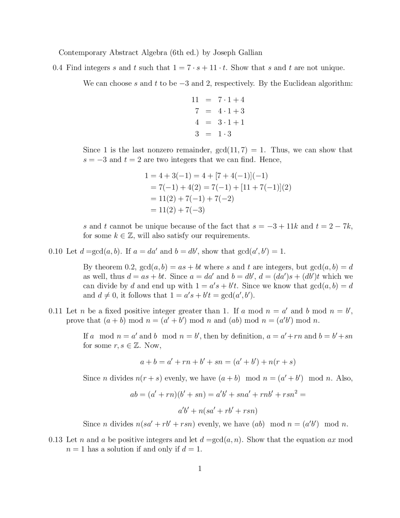 Abstract ALgebra By Joseph Gallian and Solutions - Docsity