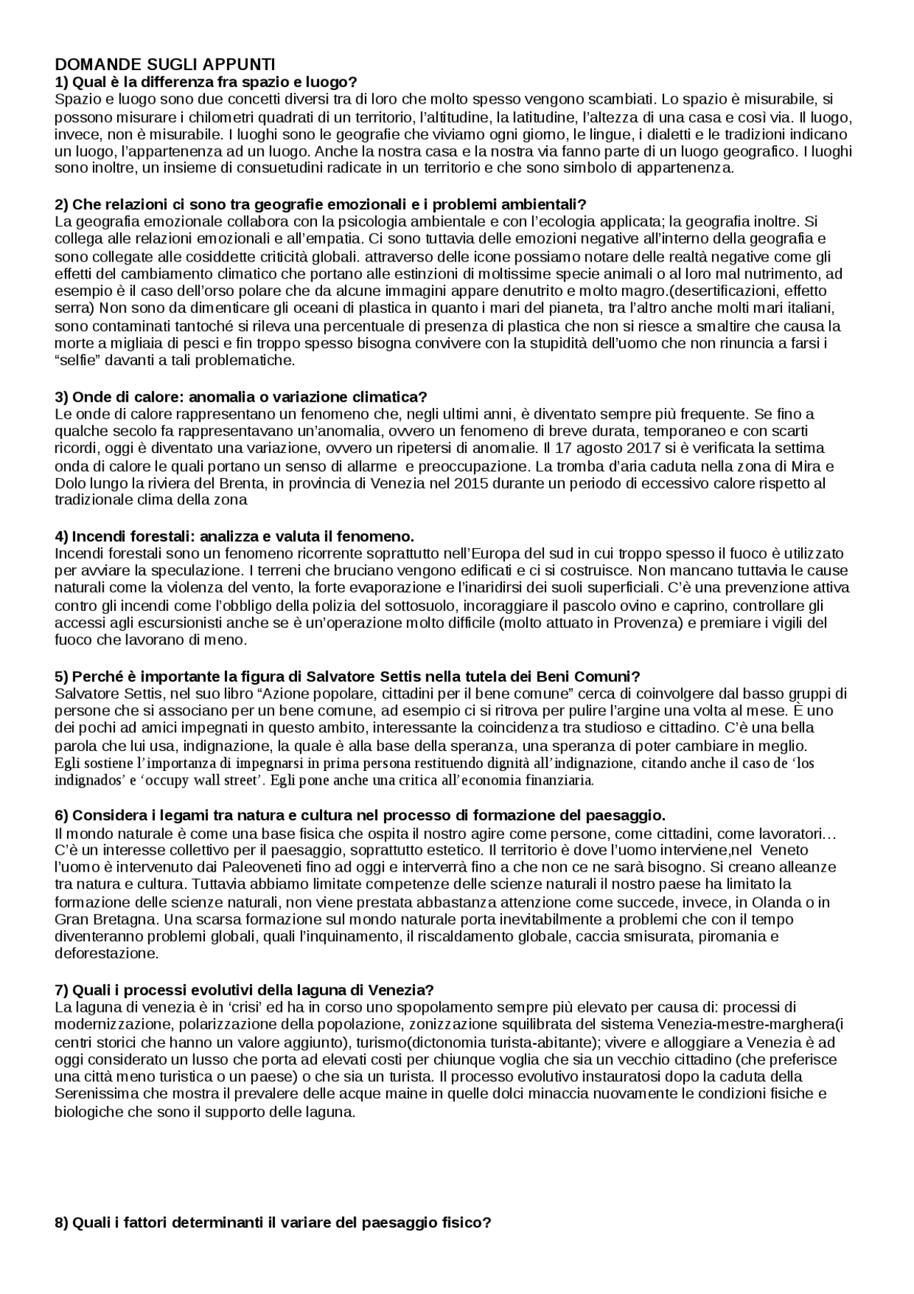 Risposte domande corso geografia Vallerani unive - Docsity