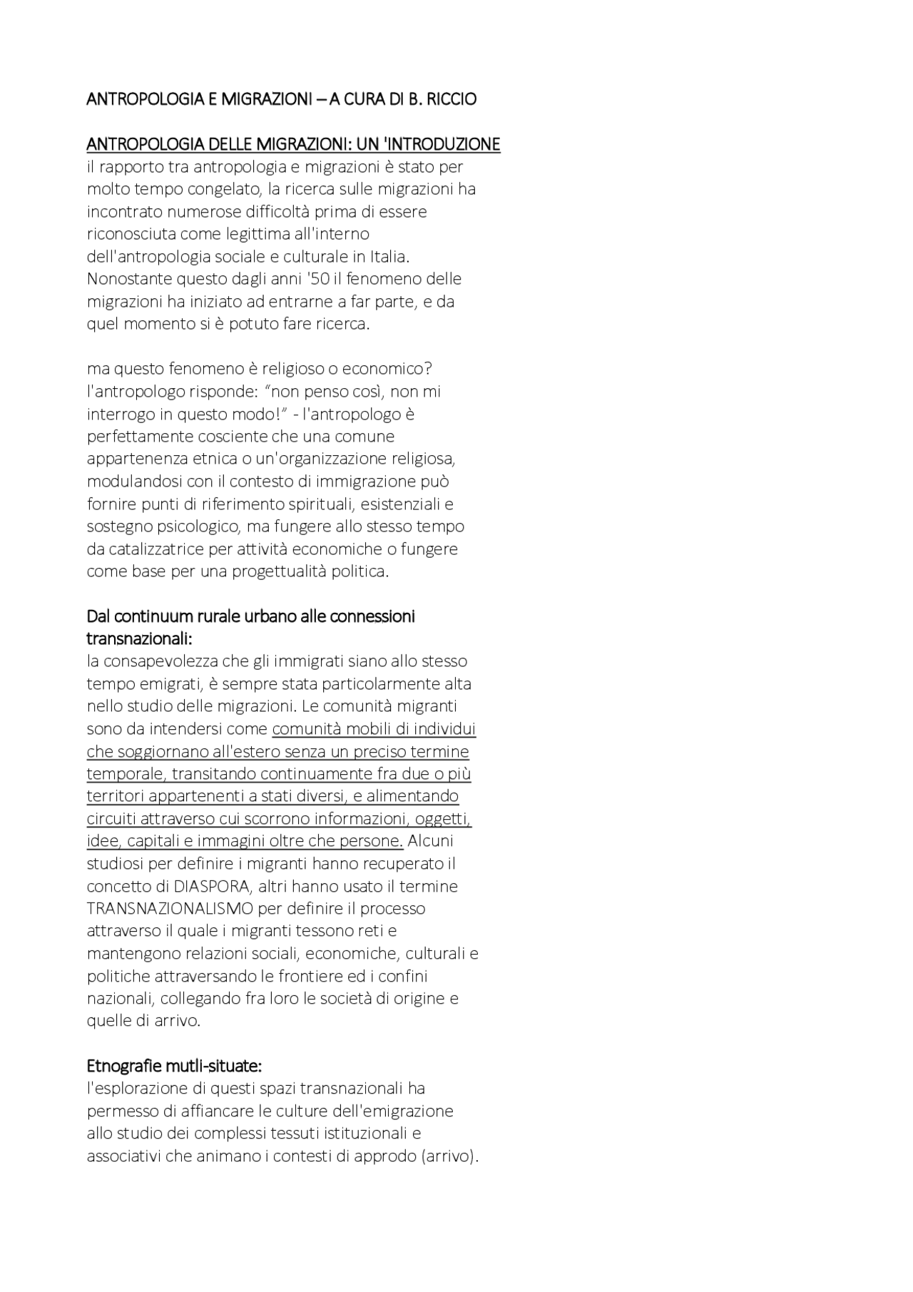 Antropologia E Migrazioni Riccio Docsity