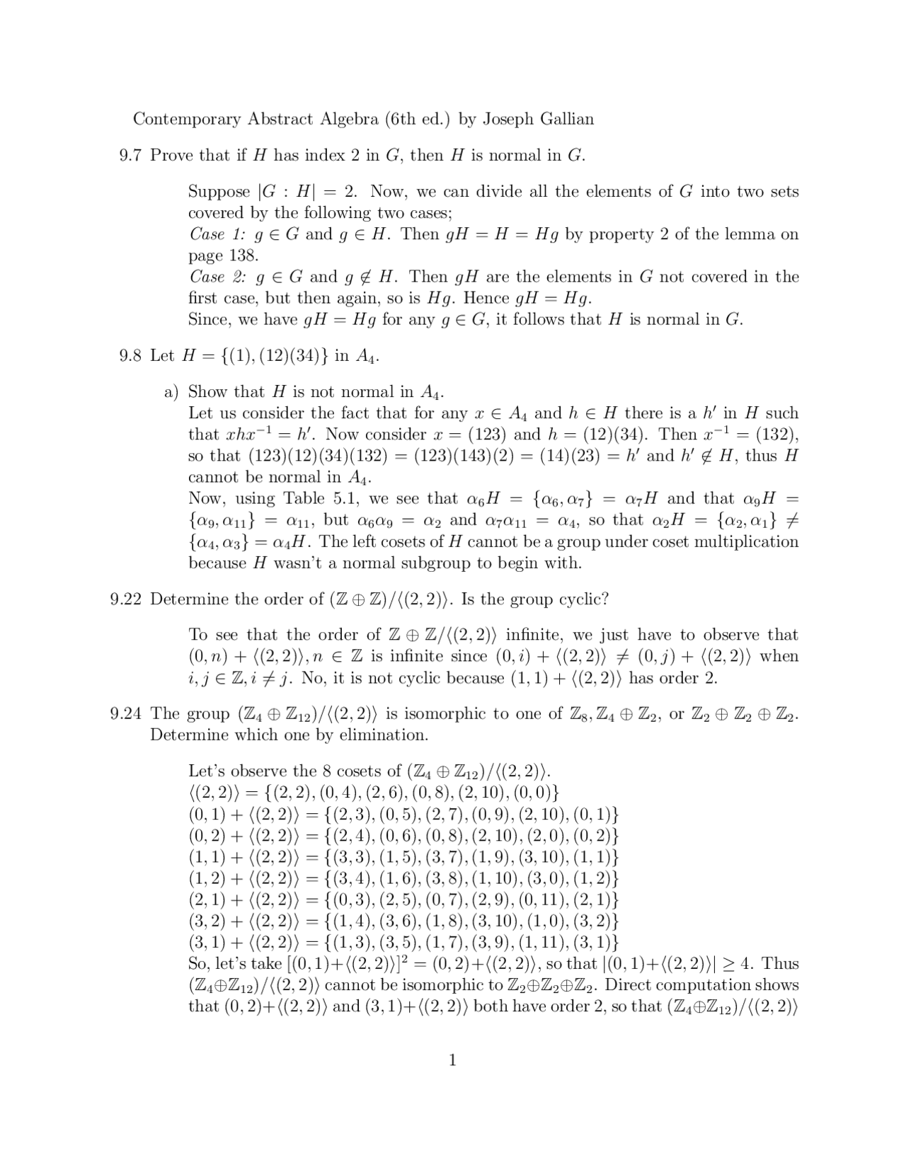 Abstract ALgebra By Joseph Gallian and Solutions | Exercises ...