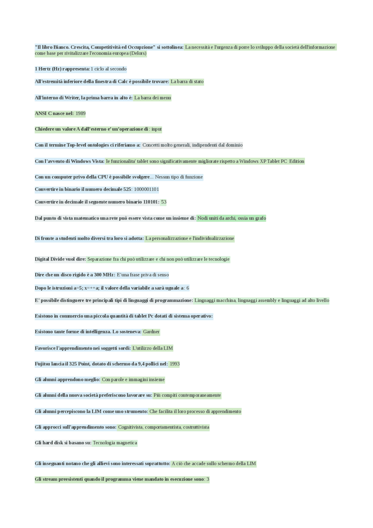 Test Autovalutazione Informatica Docsity