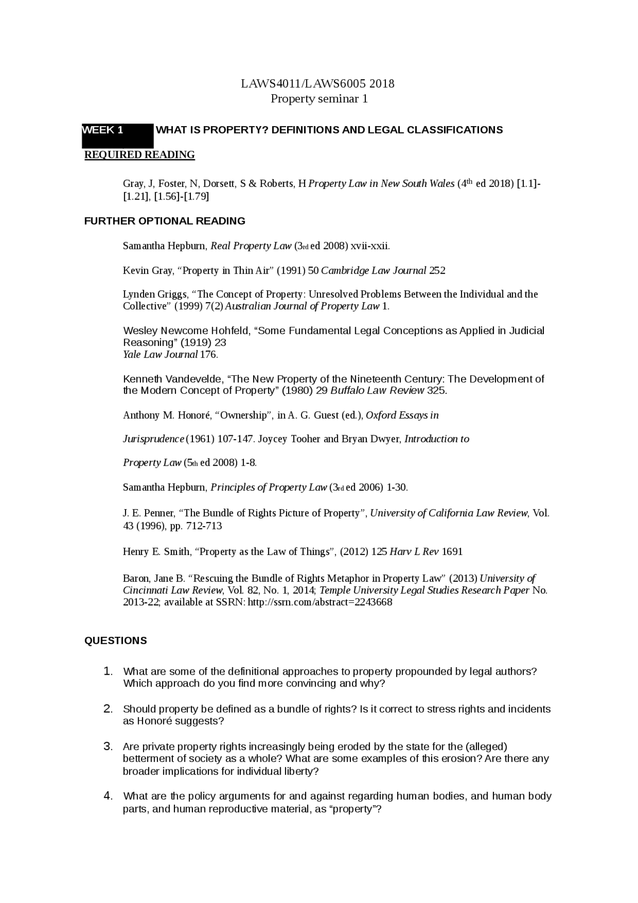 Property Law Notes Week 1 Lecture Notes Property Law Docsity