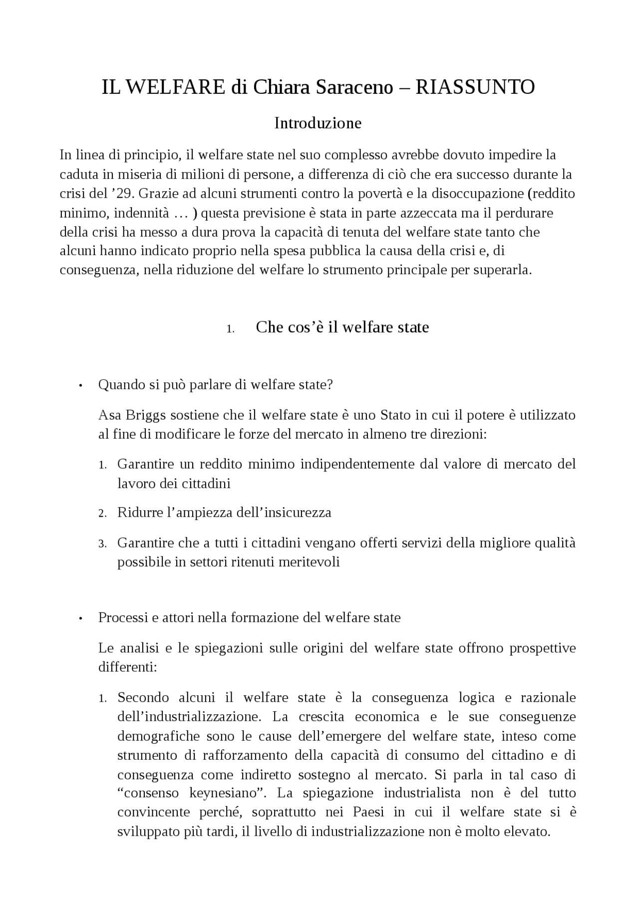 Il Welfare Di Chiara Saraceno Docsity