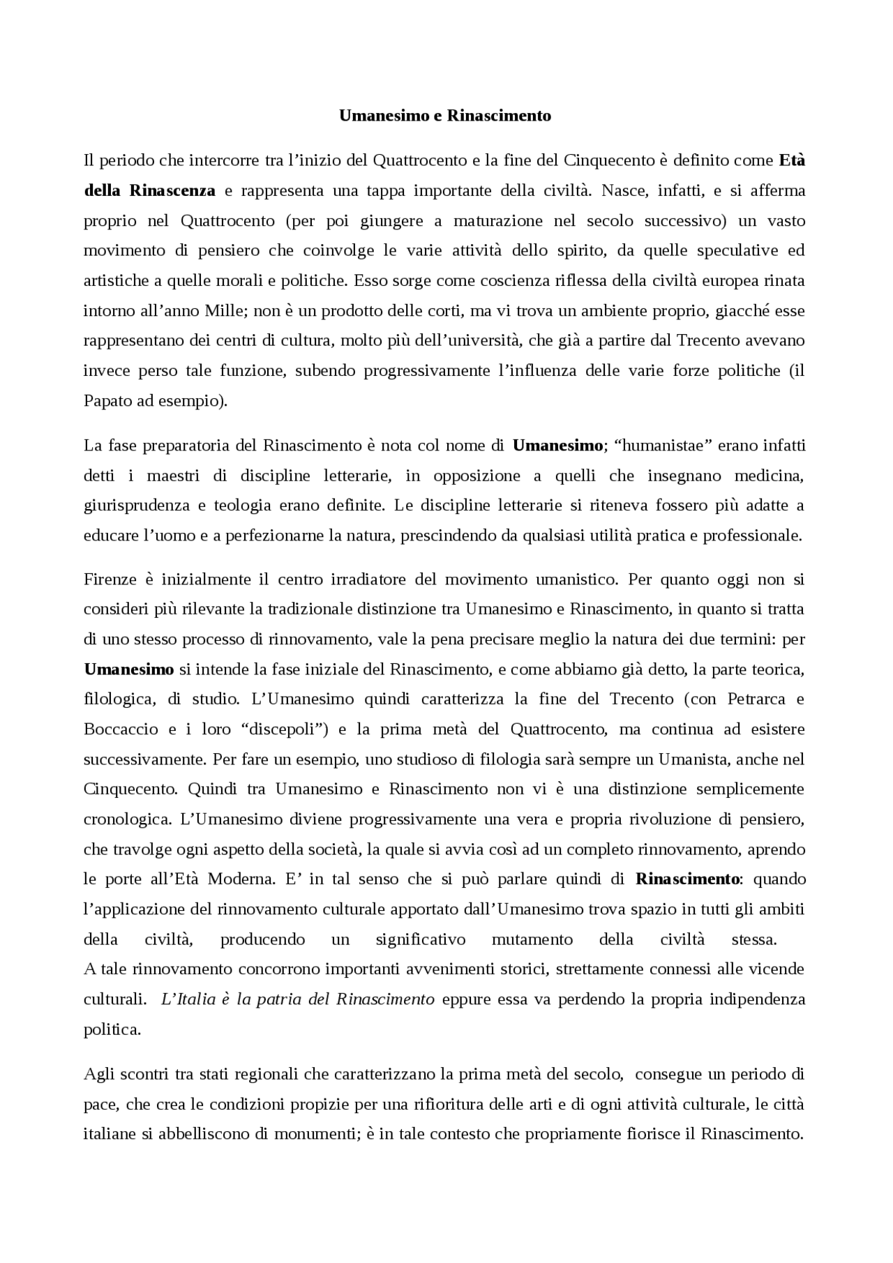 Umanesimo E Rinascimento Docsity
