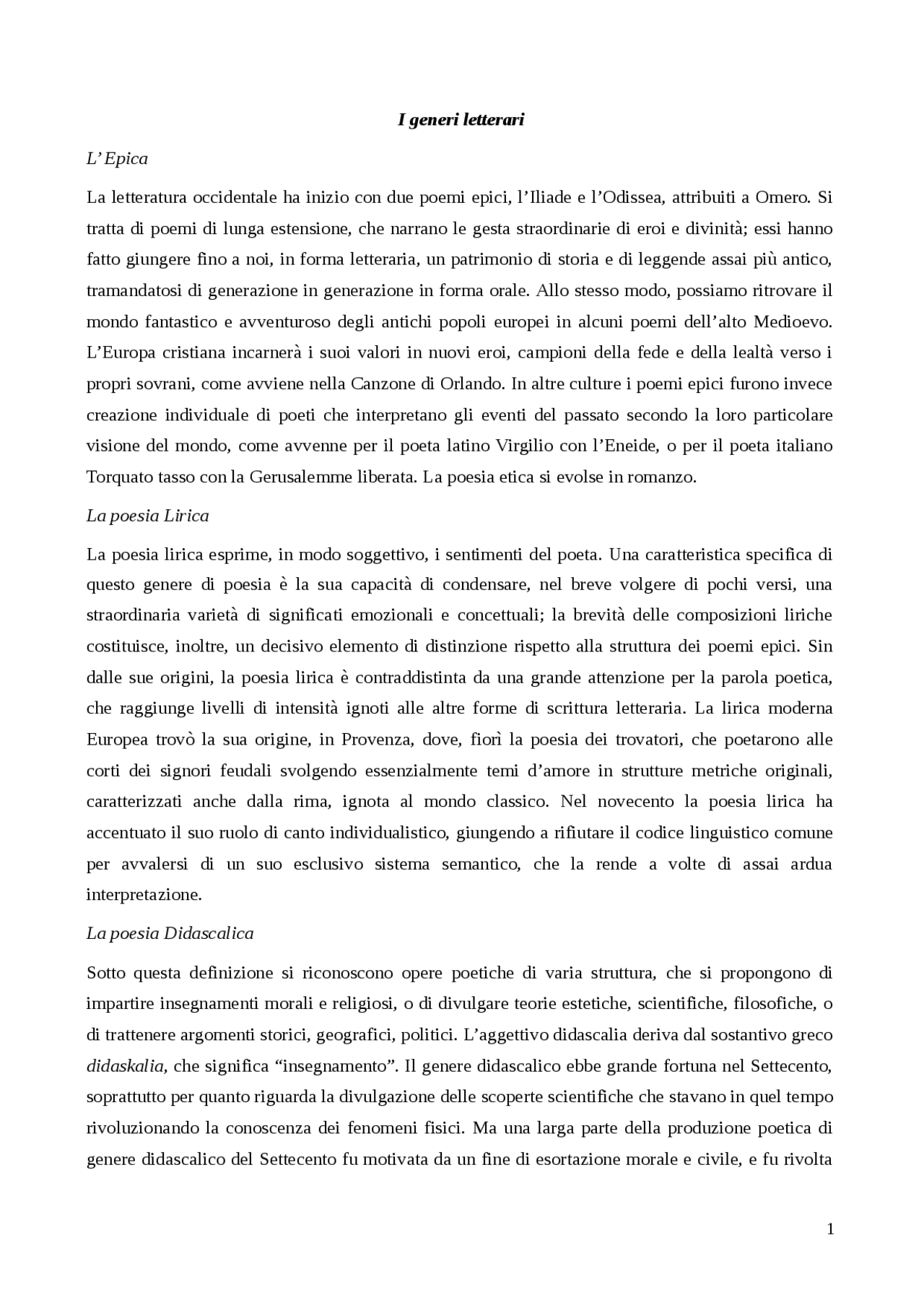 I generi letterari italiano - Docsity