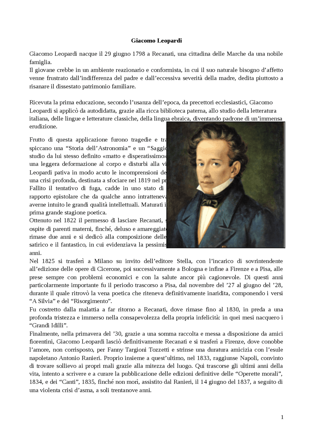 Leopardi e Manzoni Letteratura italiana - Docsity