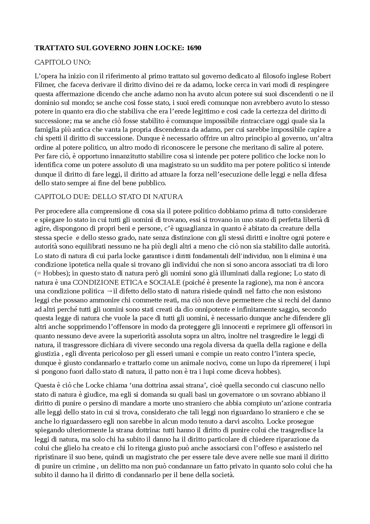 Secondo Trattato Sul Governo Di John Locke Docsity