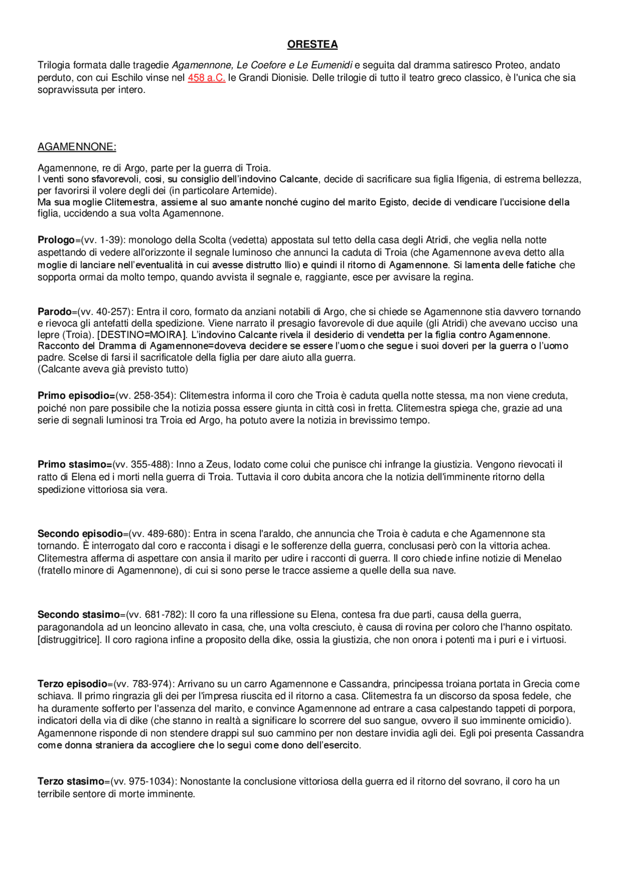 RIASSUNTO ORESTEA DI ESCHILO - Docsity