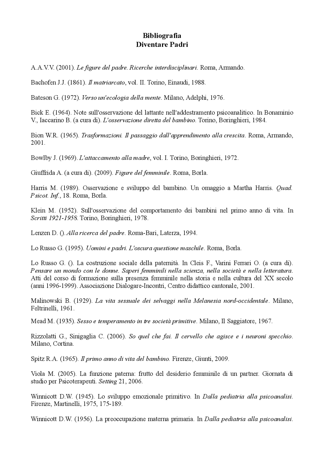 Bibliografia Diventare Padri Docsity