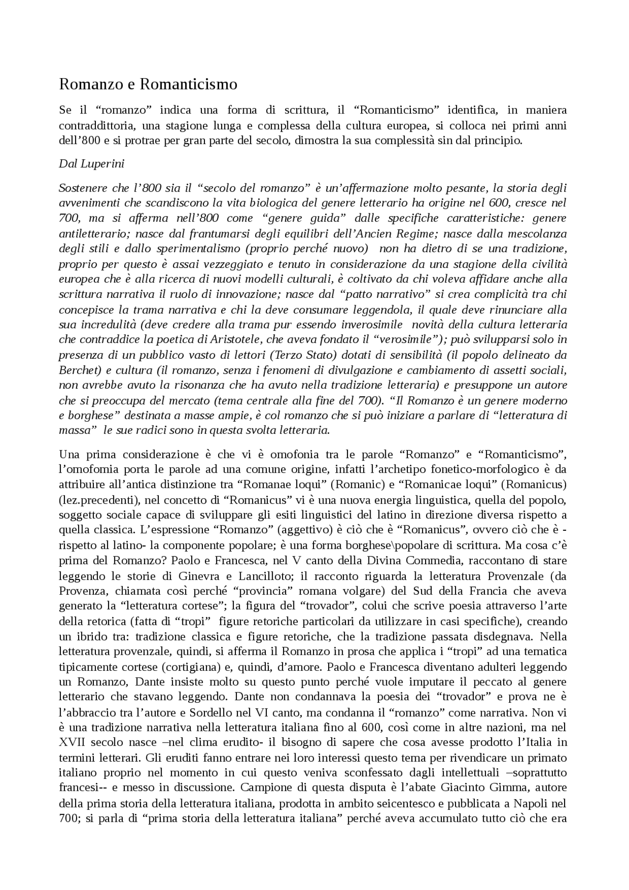 Italiano lezione sul Romanzo e Romanticismo - Docsity