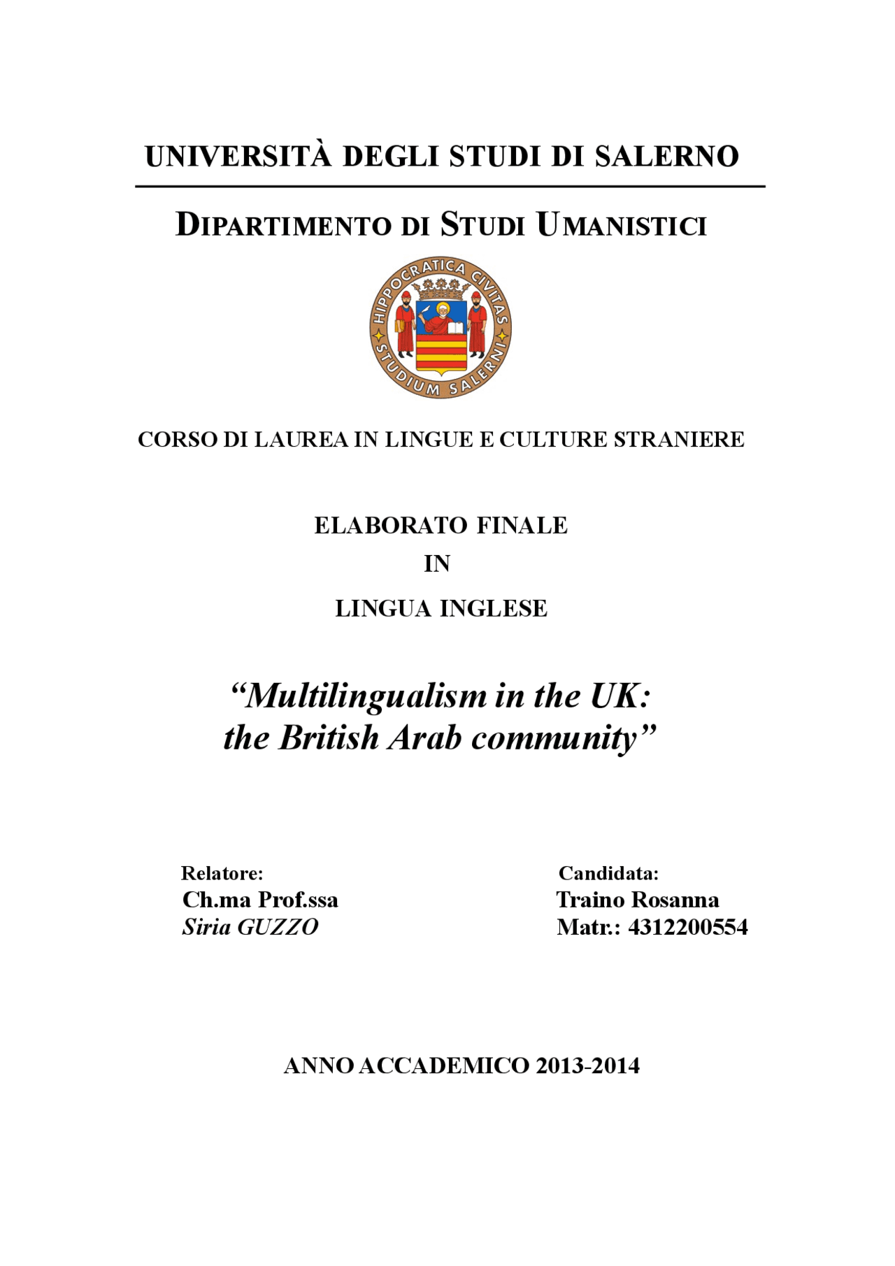 Il fenomeno del multilinguismo nel Regno Unito: il caso della comunità Araba - Docsity