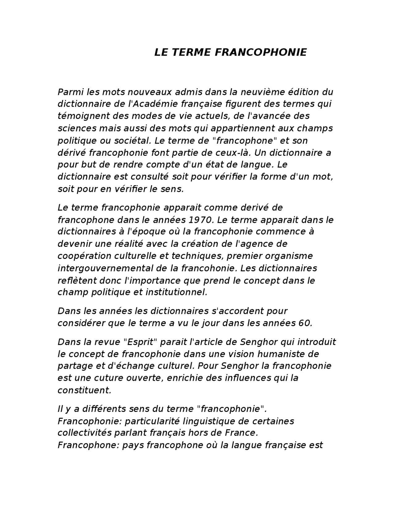 La francophonie dans le monde - Docsity